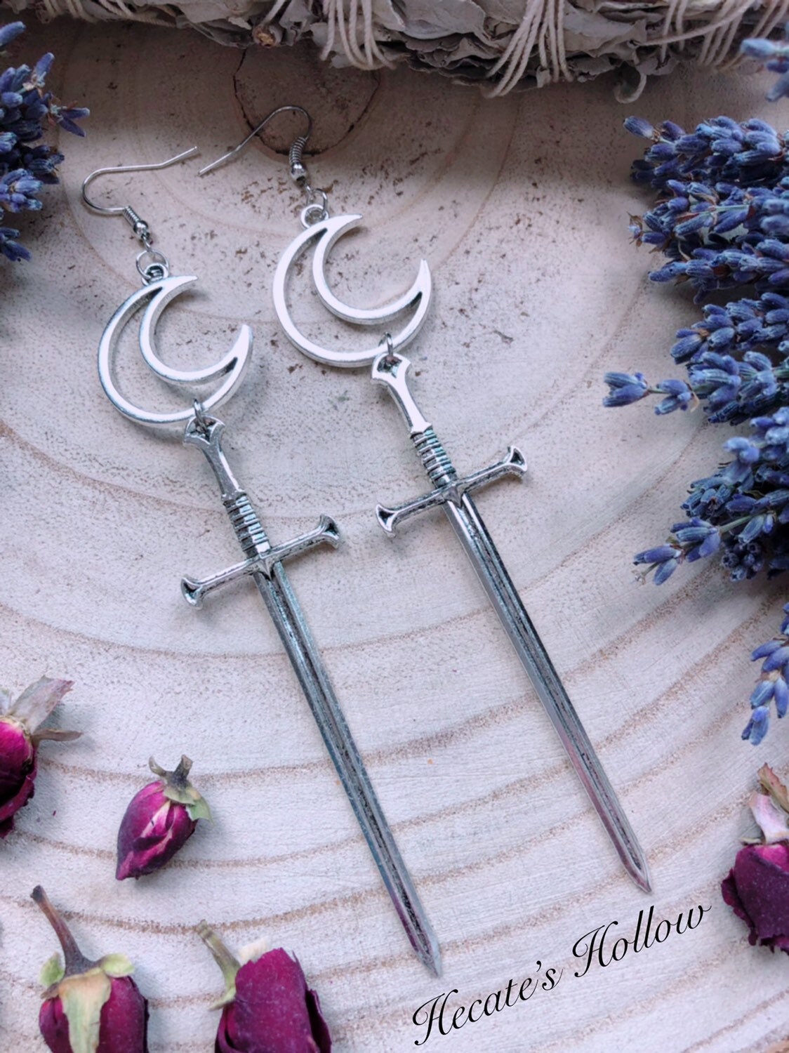 Crescent Moon & Sword Earrings | Etsy