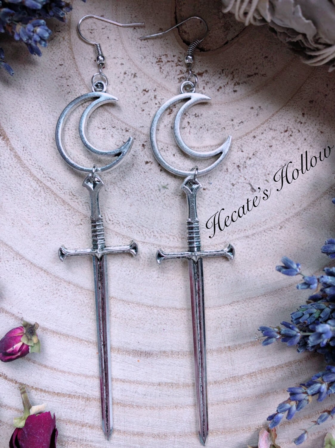 Crescent Moon And Sword Earrings Etsy