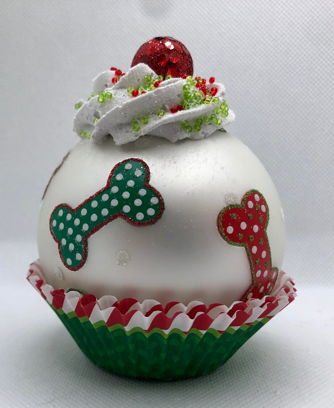LARGE Christmas Dog, Puppy, Bone Fake Cupcake Ornament, Green, Red, and ...