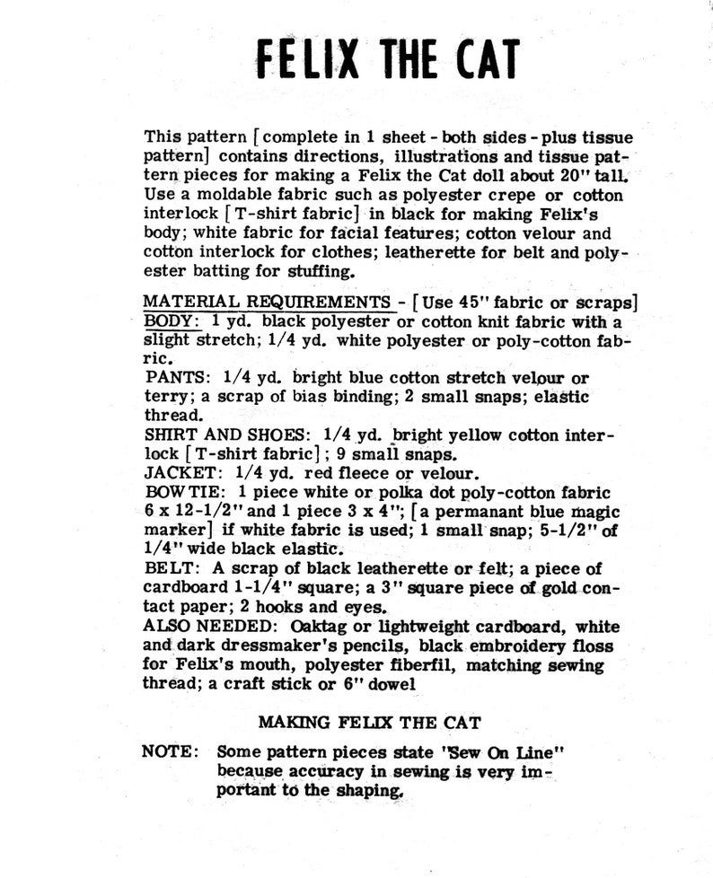 PDF Vintage Felix the Cat Doll With Clothes Pattern Design #456 for 20 ...