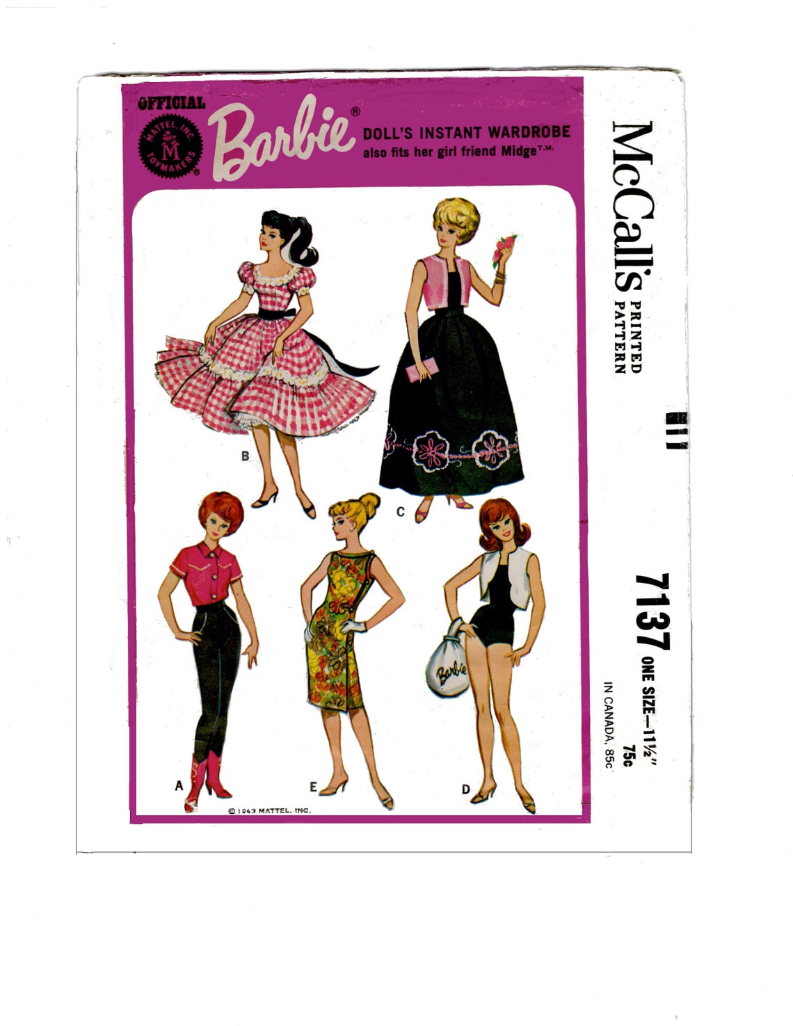 PDF 60's Barbie Wardrobe Mccalls 7137 Sewing Pattern for 11 1/2" Dolls ...