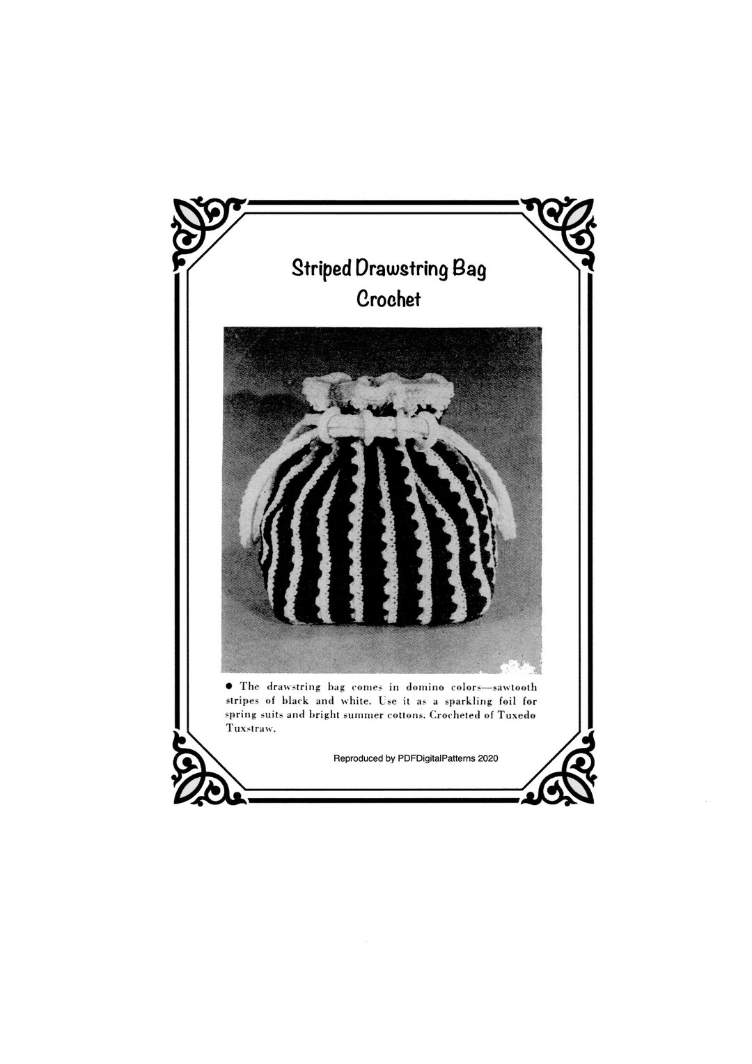 PDF 1950's Vintage Crochet Striped Drawstring Bag - Purse - Digital ...