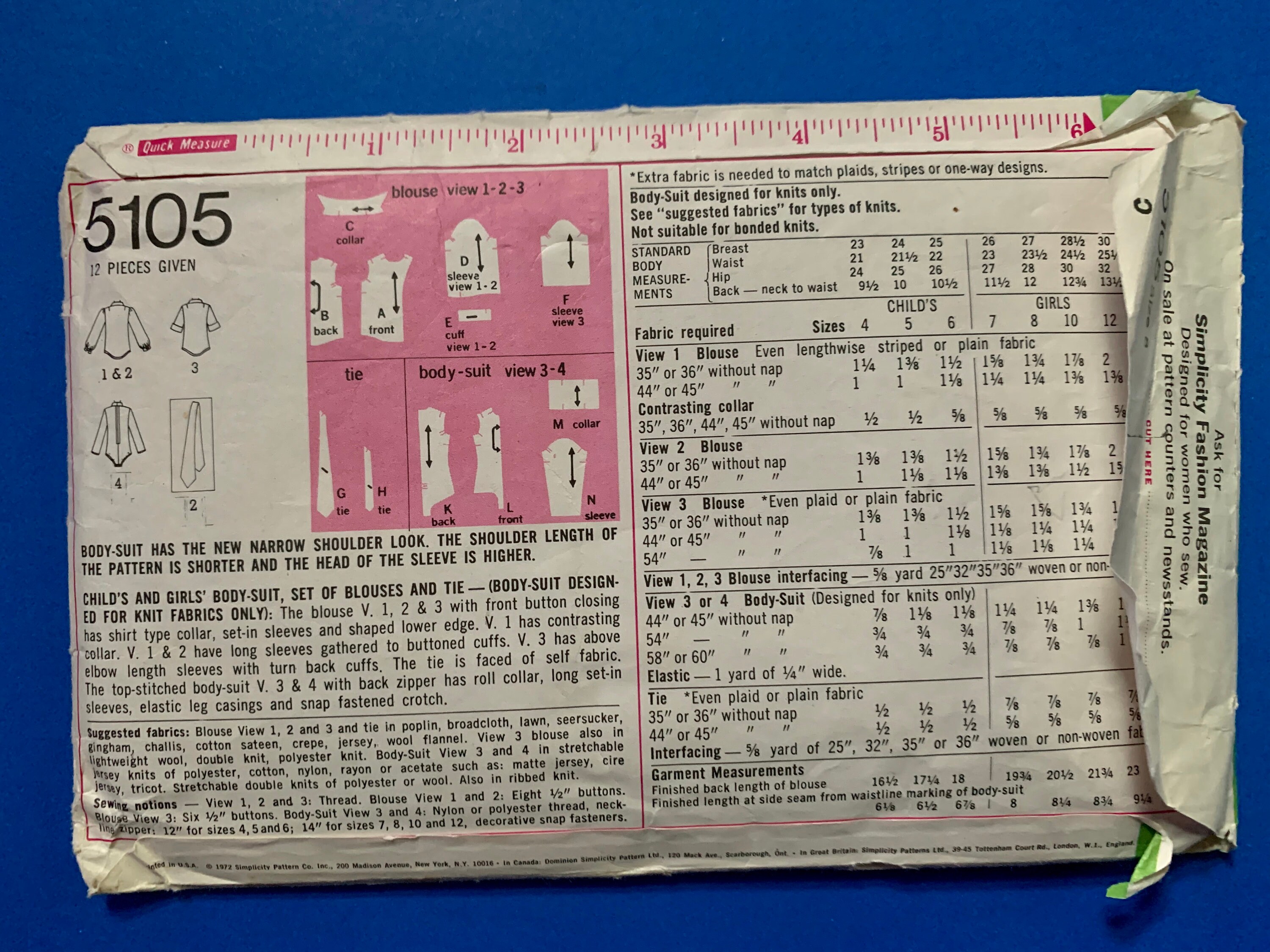 1970's Simplicity 5105 Girls' Body-suit, Set of Blouses and Tie (body ...