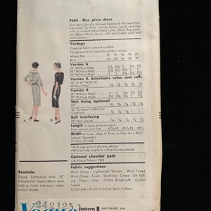 Vogue 1959 Misses' One Piece Dress With Slim Skirt Sewing Pattern 9686 ...