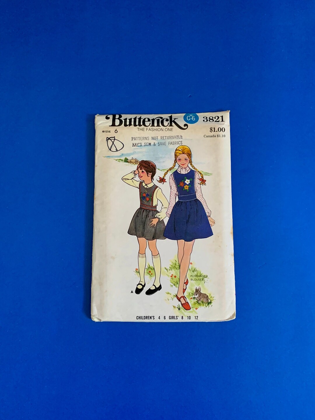 Butterick 3821 Childs / Girls Bib Jumper - Sewing Pattern - Size 6 ...