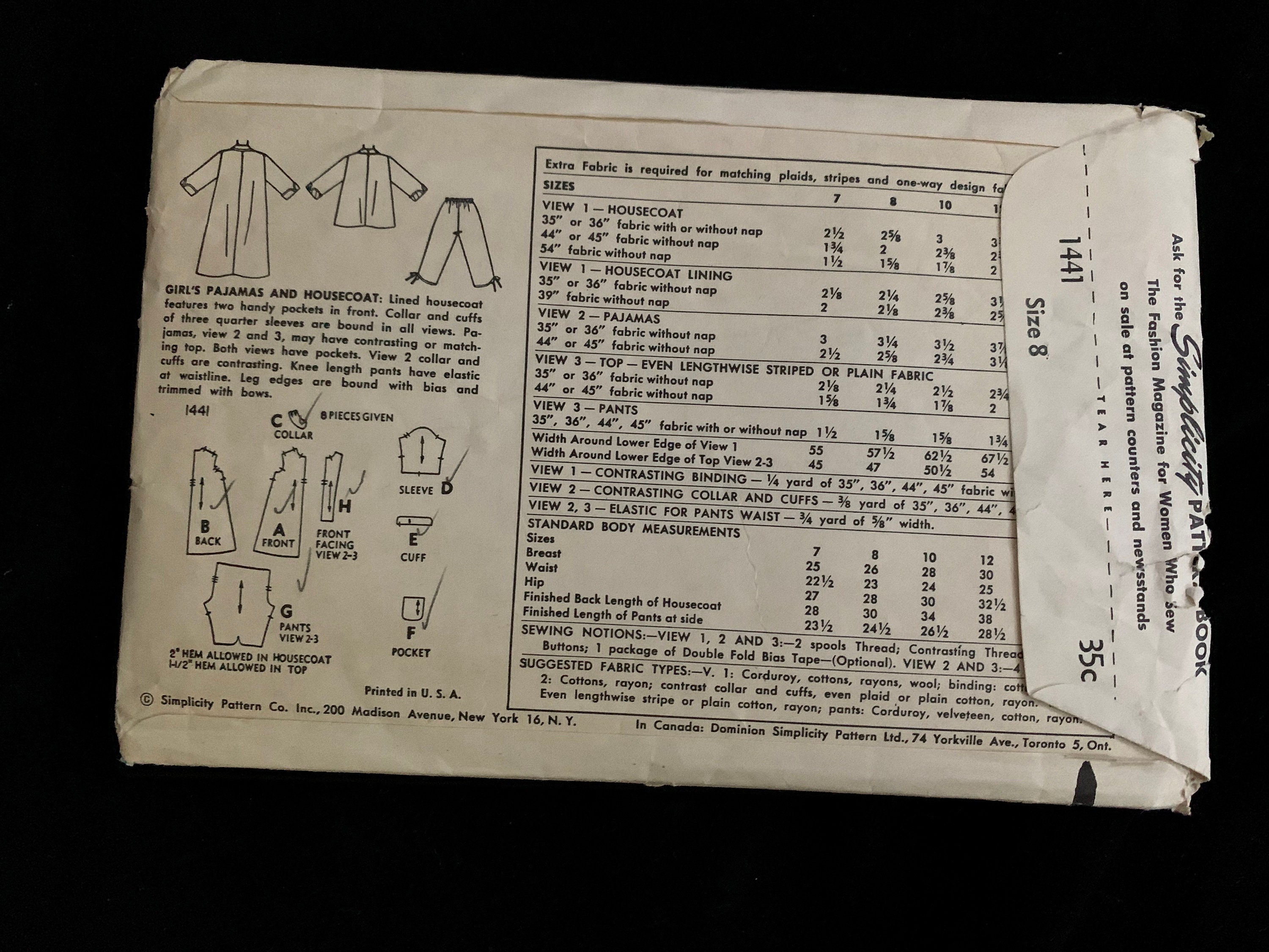 1950's Simplicity 1441 Sewing Pattern Girls' Housecoat - Robe, and Two ...