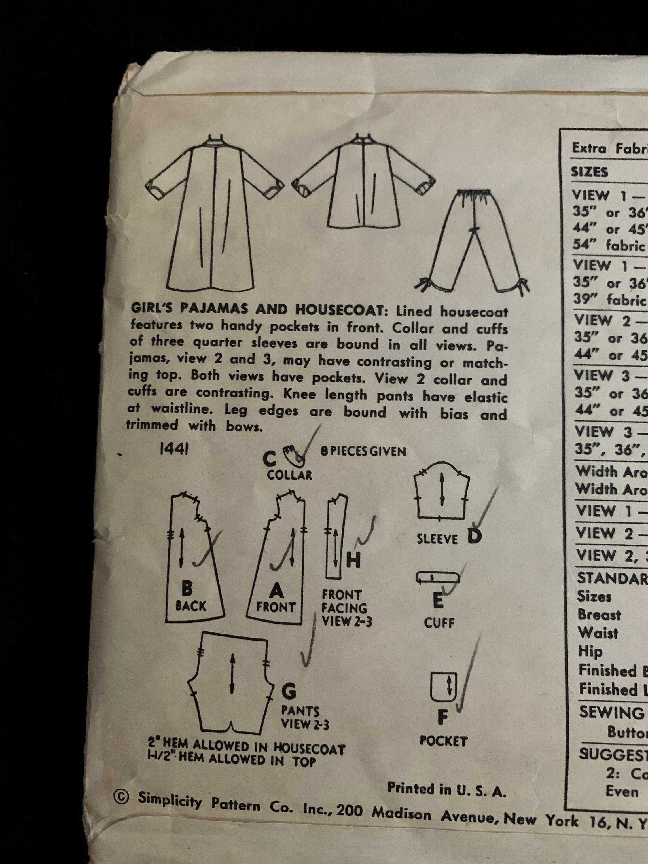 1950's Simplicity 1441 Sewing Pattern Girls' Housecoat | Etsy