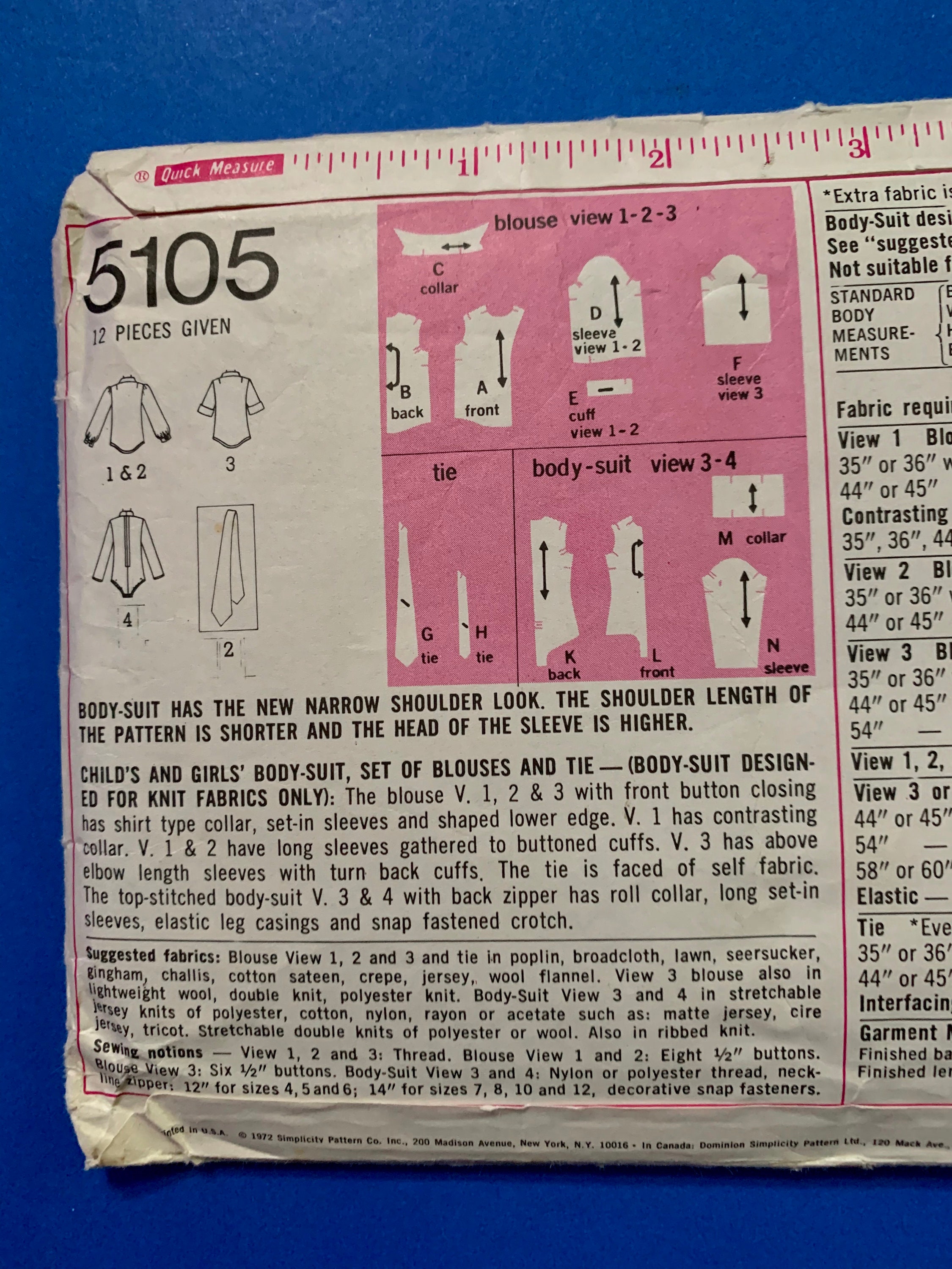 1970's Simplicity 5105 Girls' Body-suit, Set of Blouses and Tie (body ...