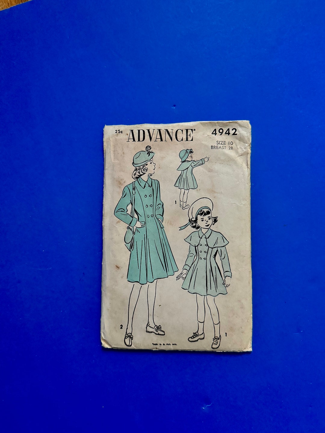 1940's Uncut Girl's Coat Sewing Pattern - Advance Pattern 4942 Size 10 ...