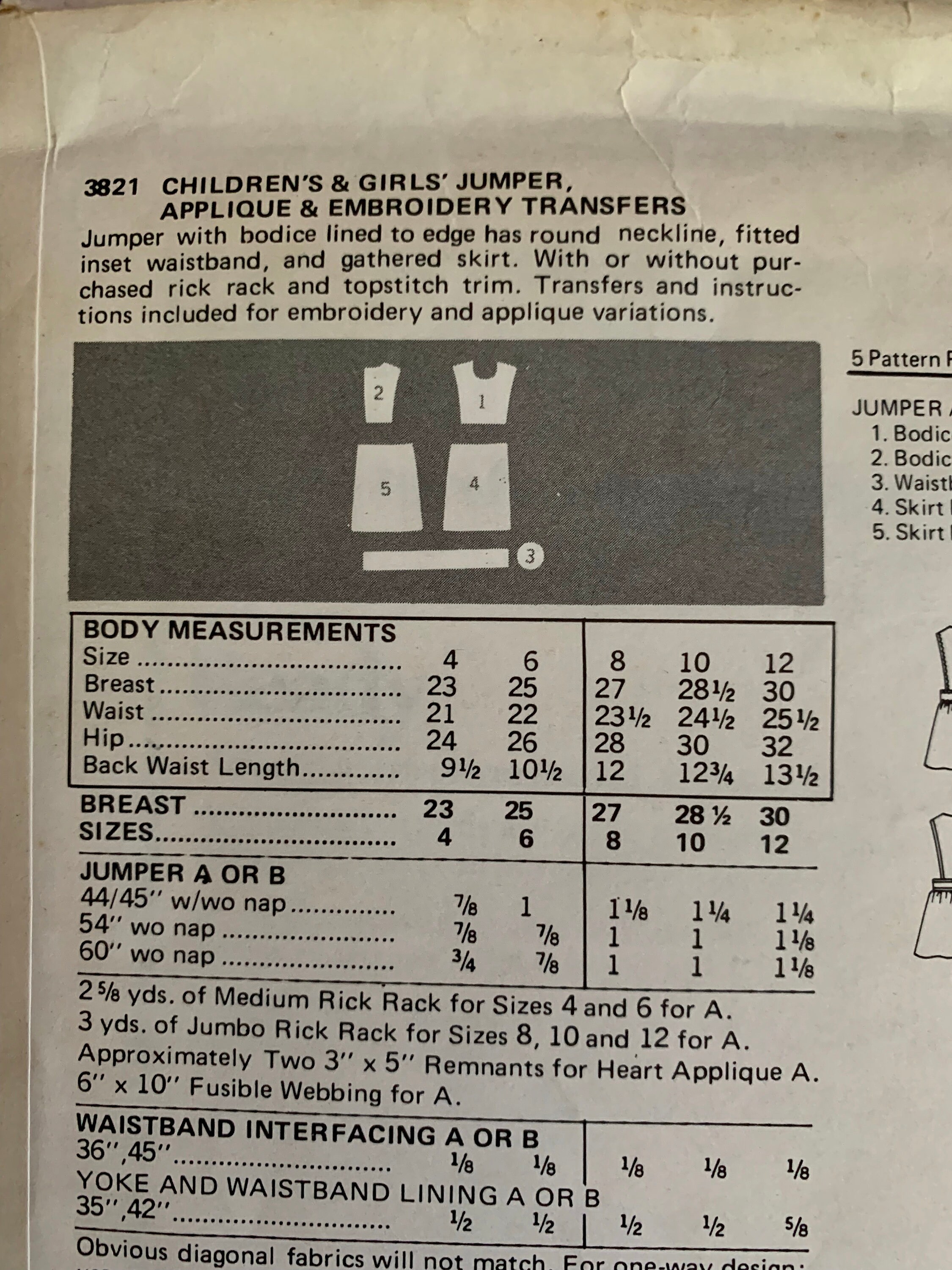 Butterick 3821 Childs / Girls Bib Jumper - Sewing Pattern - Size 6 ...