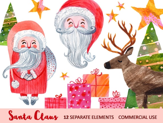 Santa Claus Clipart. Watercolor Hand-painted Christmas Clip | Etsy