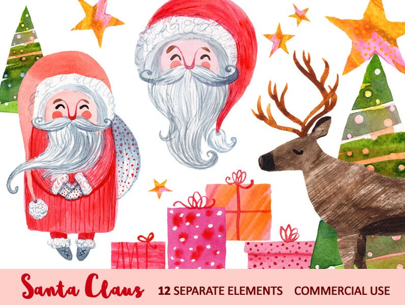 Santa Claus Clipart. Watercolor Hand-painted Christmas Clip | Etsy