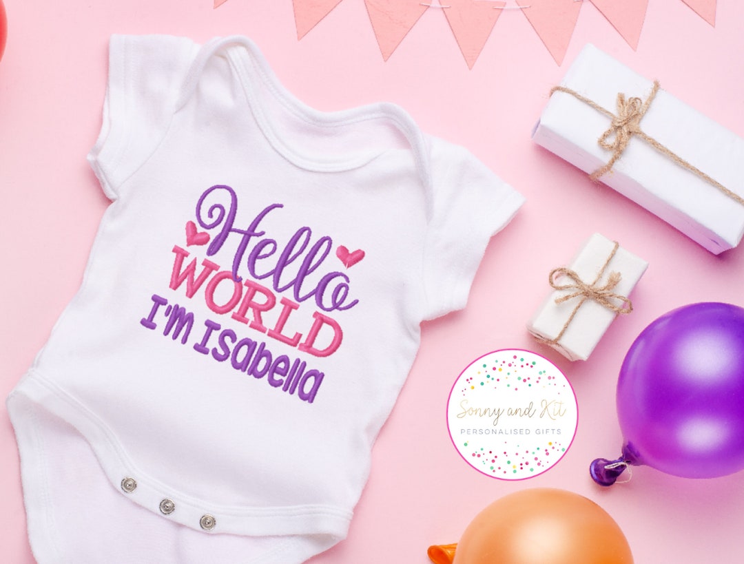 Personalised Hello World Baby Girl Vest Bodysuit, Pink and Purple ...