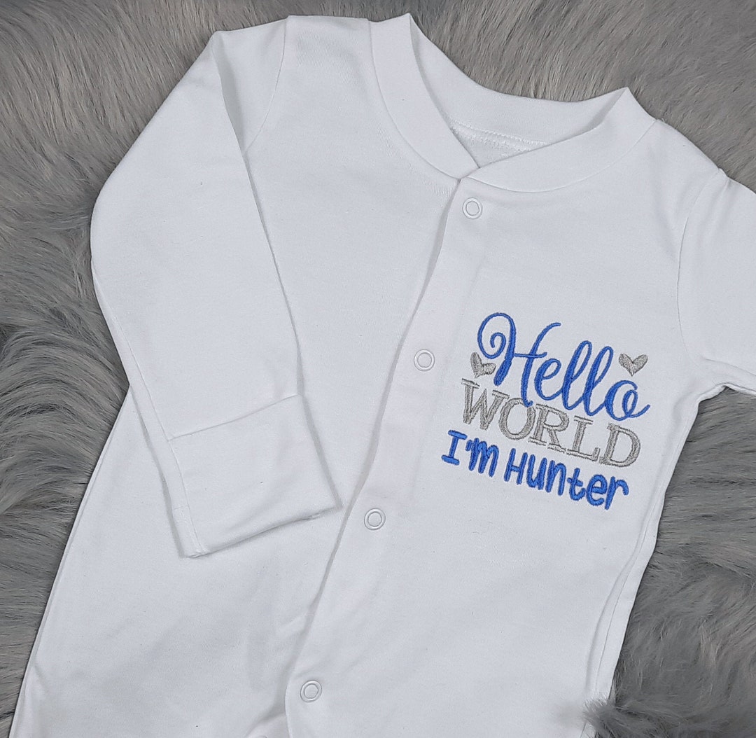Personalised Hello World Baby Boy Sleepsuit, Blue and Silver ...