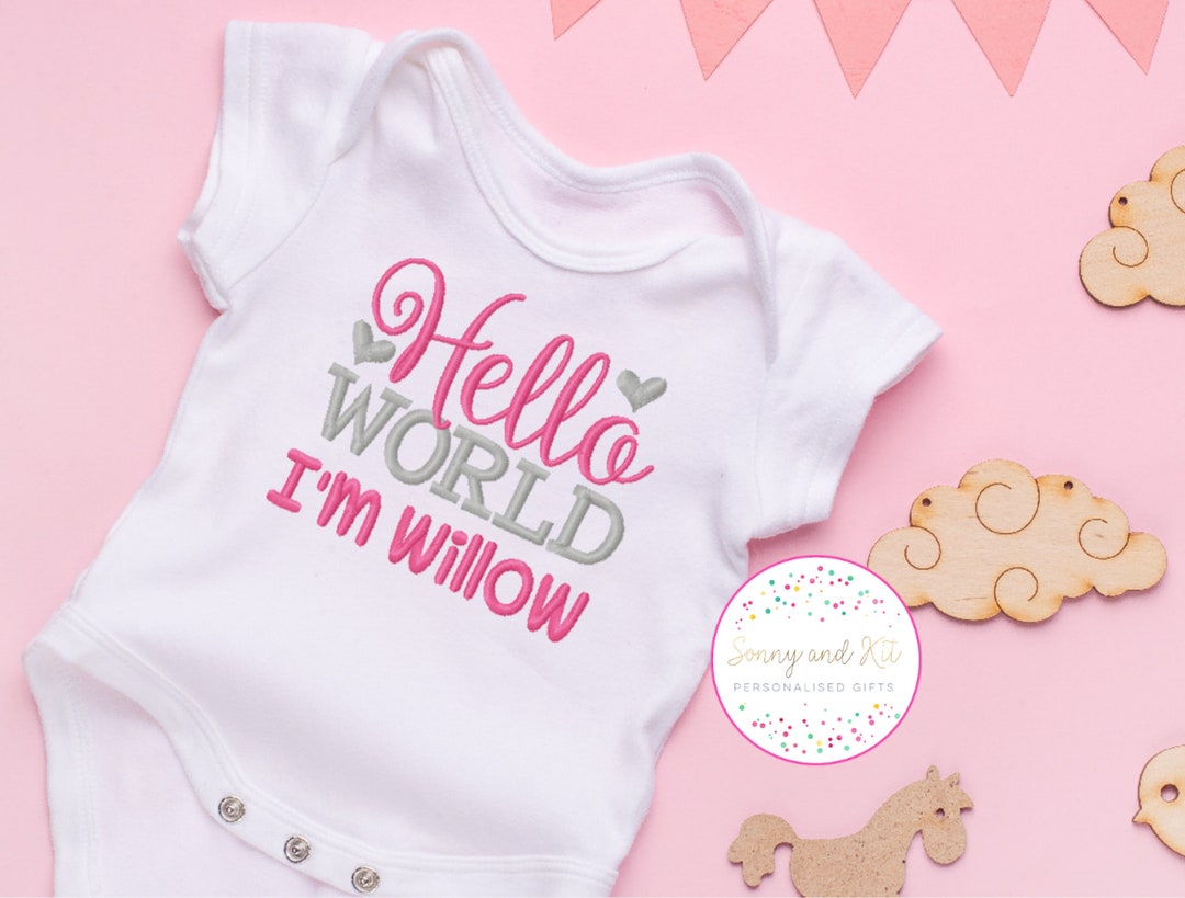 Personalised Hello World Baby Girl Vest Bodysuit, Pink and Silver ...