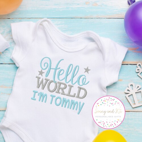 Personalised Hello World Baby Boy Sleepsuit and Hat Set Blue - Etsy