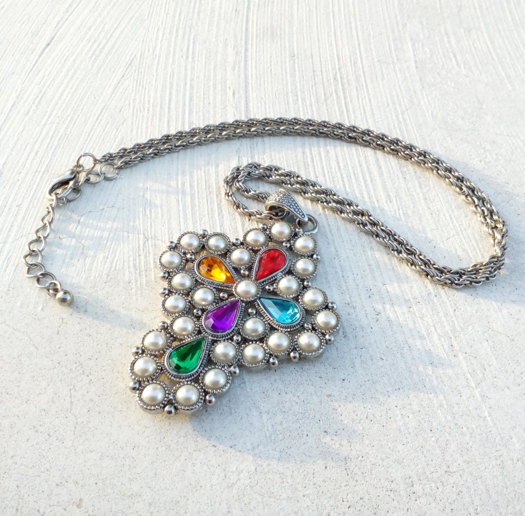 Christian Crystal Rhinestone Silver Tone Cross Necklace Catholic ...