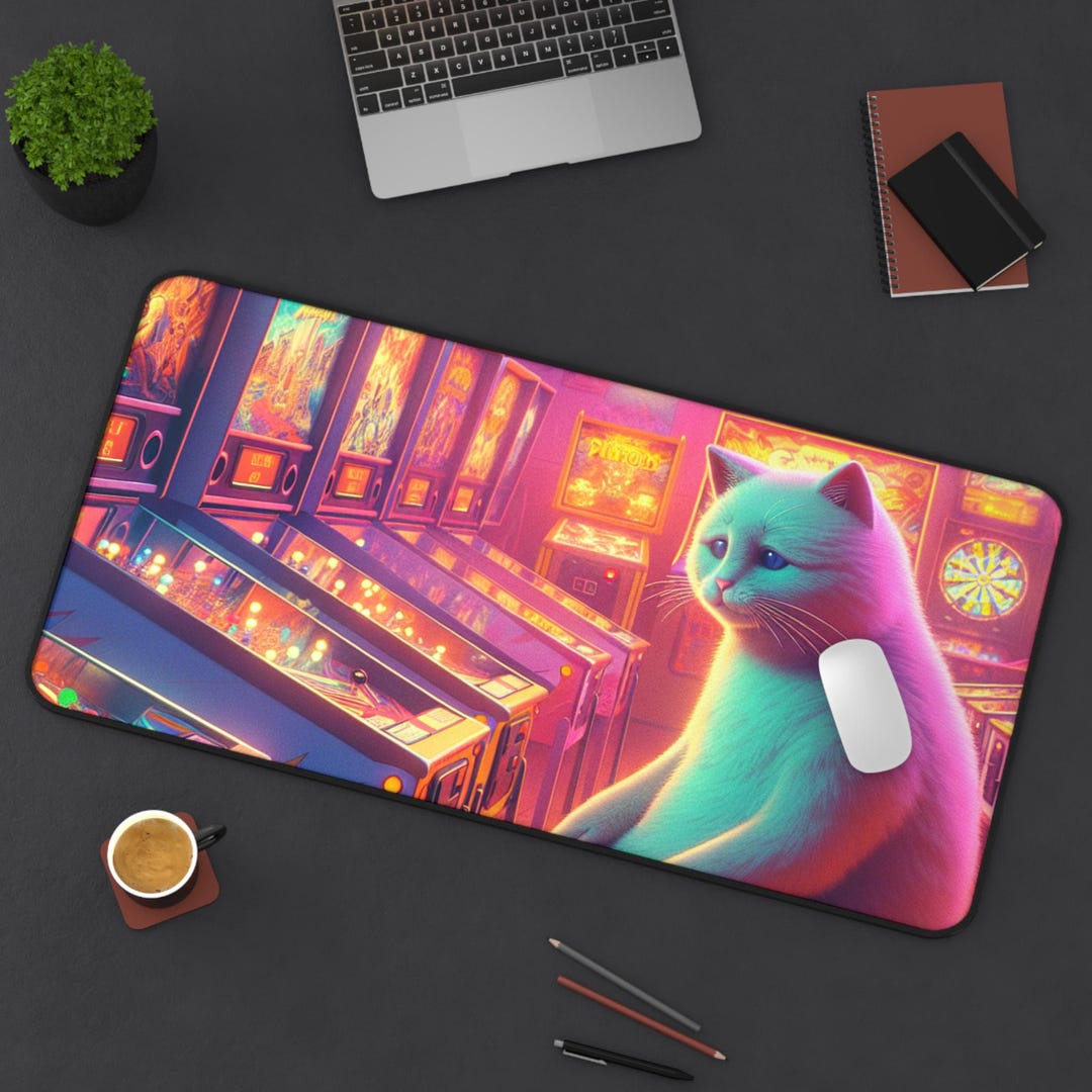 Synthwave Lofi Neon Arcade Cat Gaming Desk Mat TCG Playmat Gamer Desk ...
