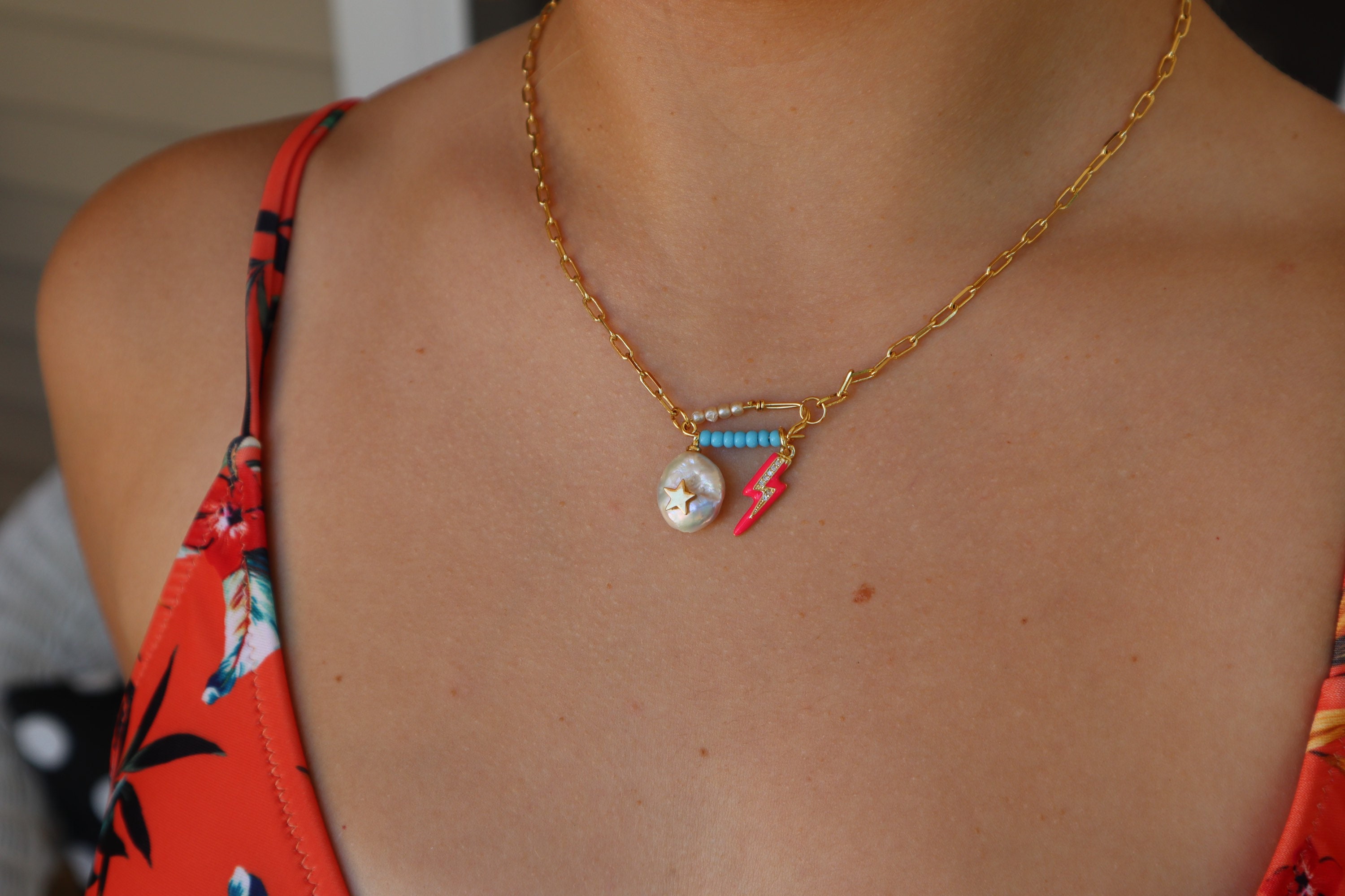 Pink Lightning Bolt Safety Pin Pearl Necklace Gold Necklace - Etsy