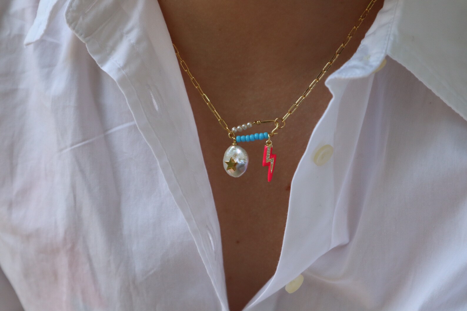 Pink Lightning Bolt Safety Pin Pearl Necklace Gold Necklace - Etsy