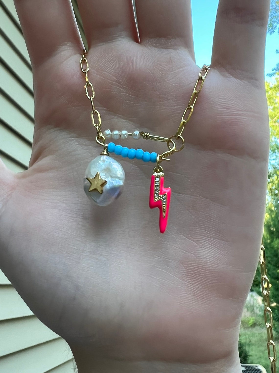 Pink Lightning Bolt Safety Pin Pearl Necklace Gold Necklace - Etsy