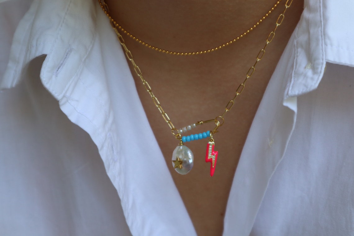 Pink Lightning Bolt Safety Pin Pearl Necklace Gold Necklace - Etsy