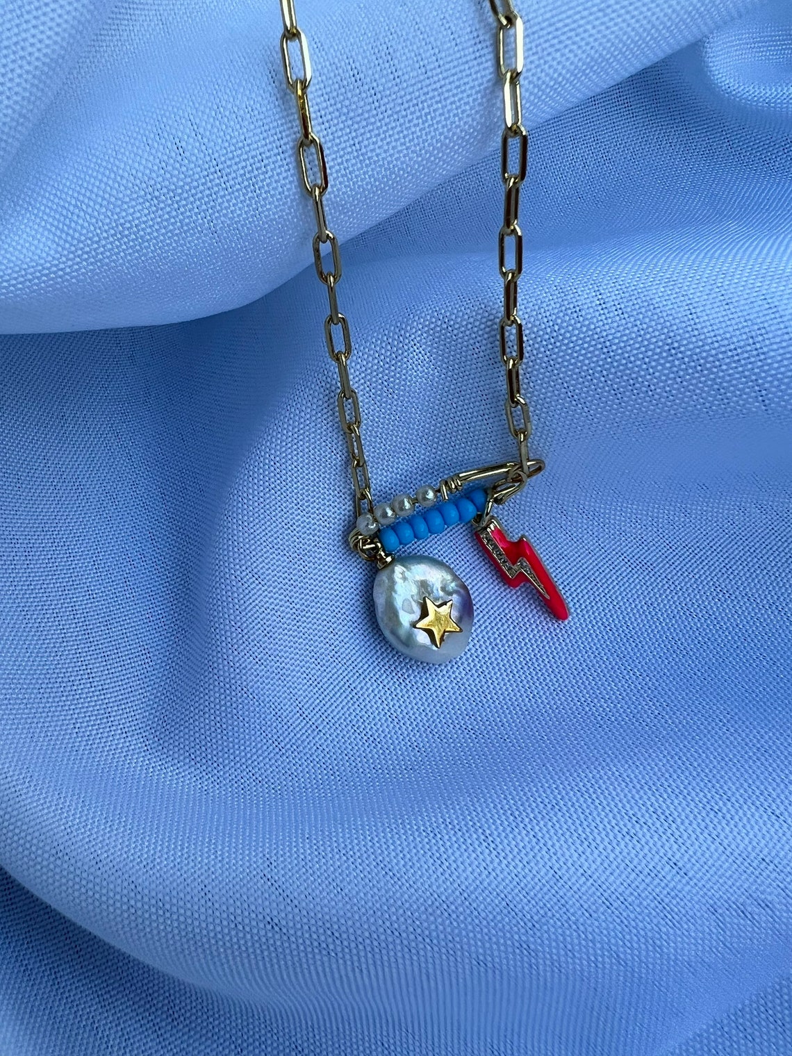 Pink Lightning Bolt Safety Pin Pearl Necklace Gold Necklace - Etsy