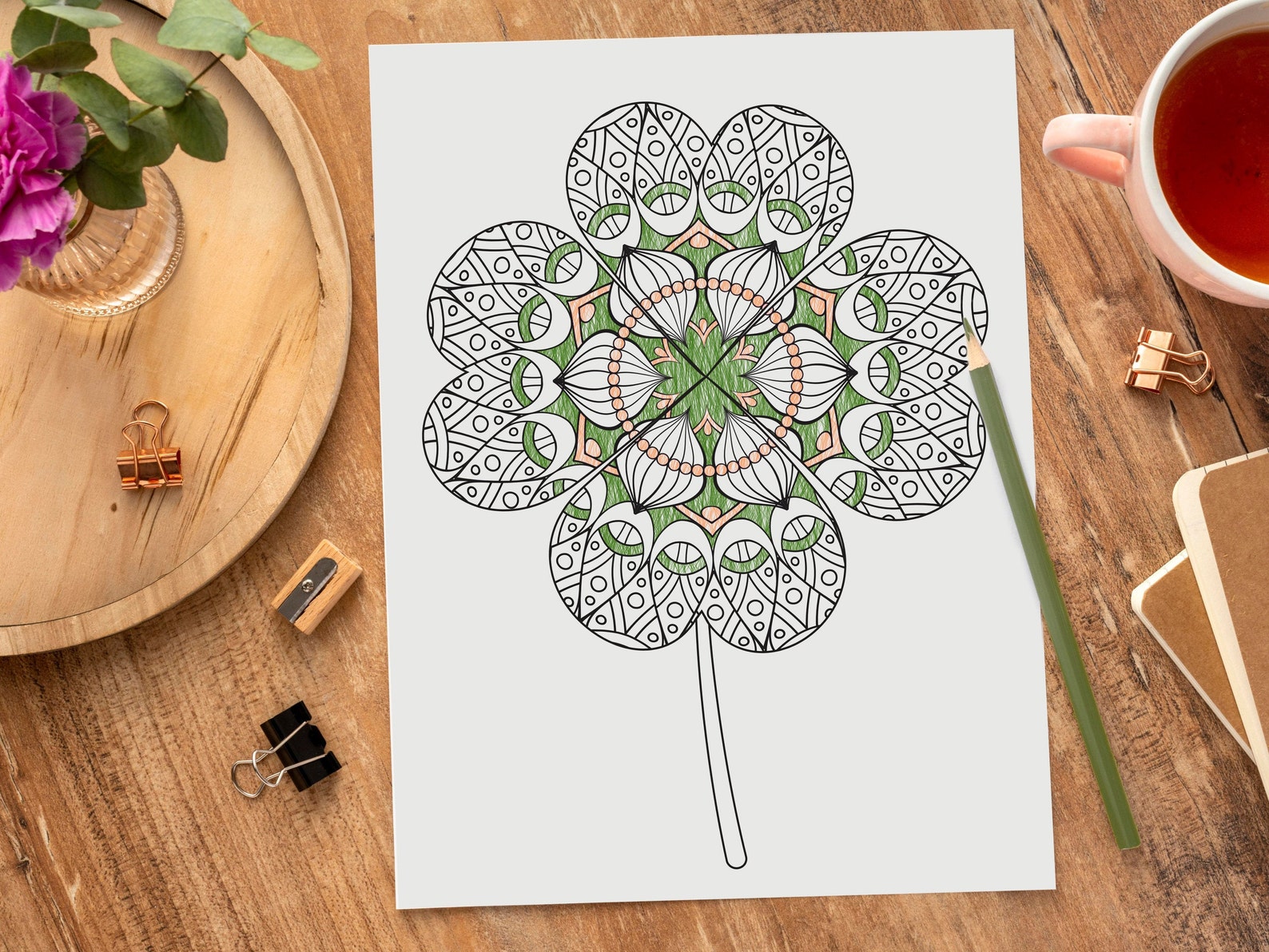 Four Leaf Clover Mandala Printable Coloring Page | Instant Download ...