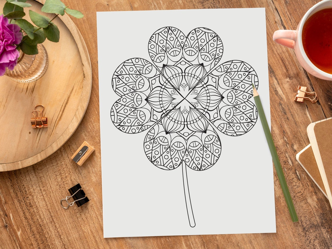 Four Leaf Clover Mandala Printable Coloring Page | Instant Download ...