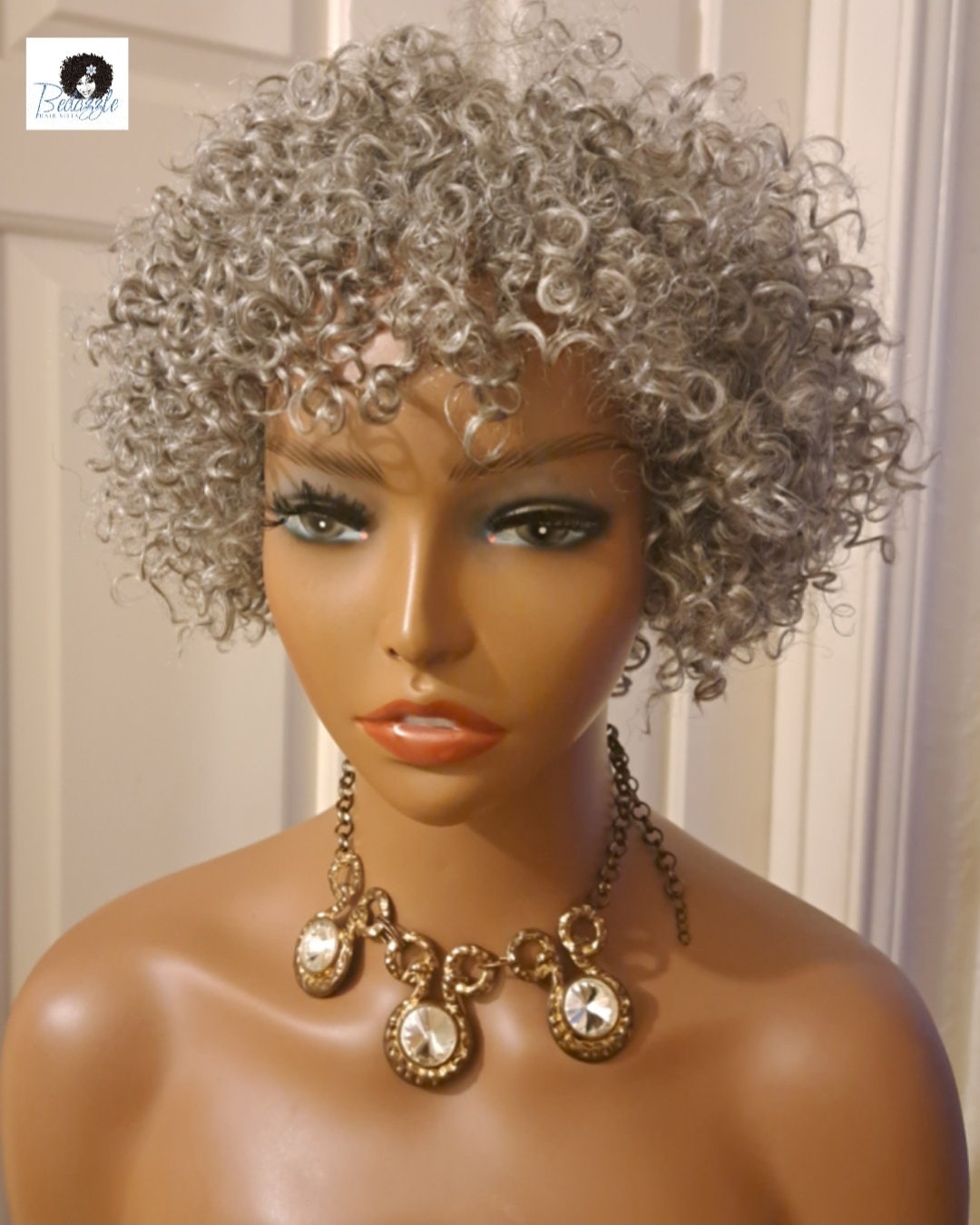 Salt & Pepper Jerry Curl Length Short Human Hair Wigs for Black Women ...