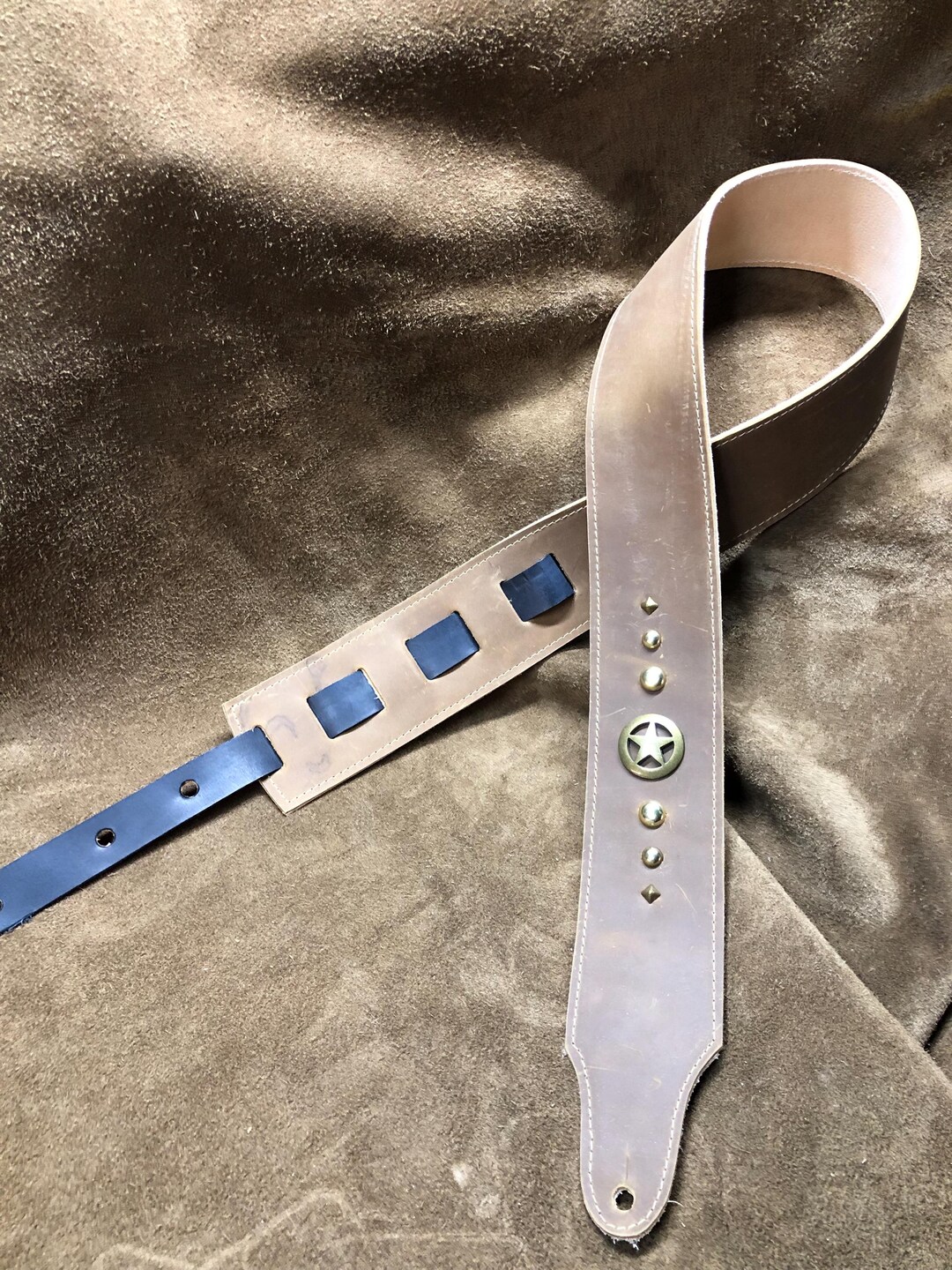 Dark Veg Tan Leather W/ Star & Studs Guitar Strap - Etsy