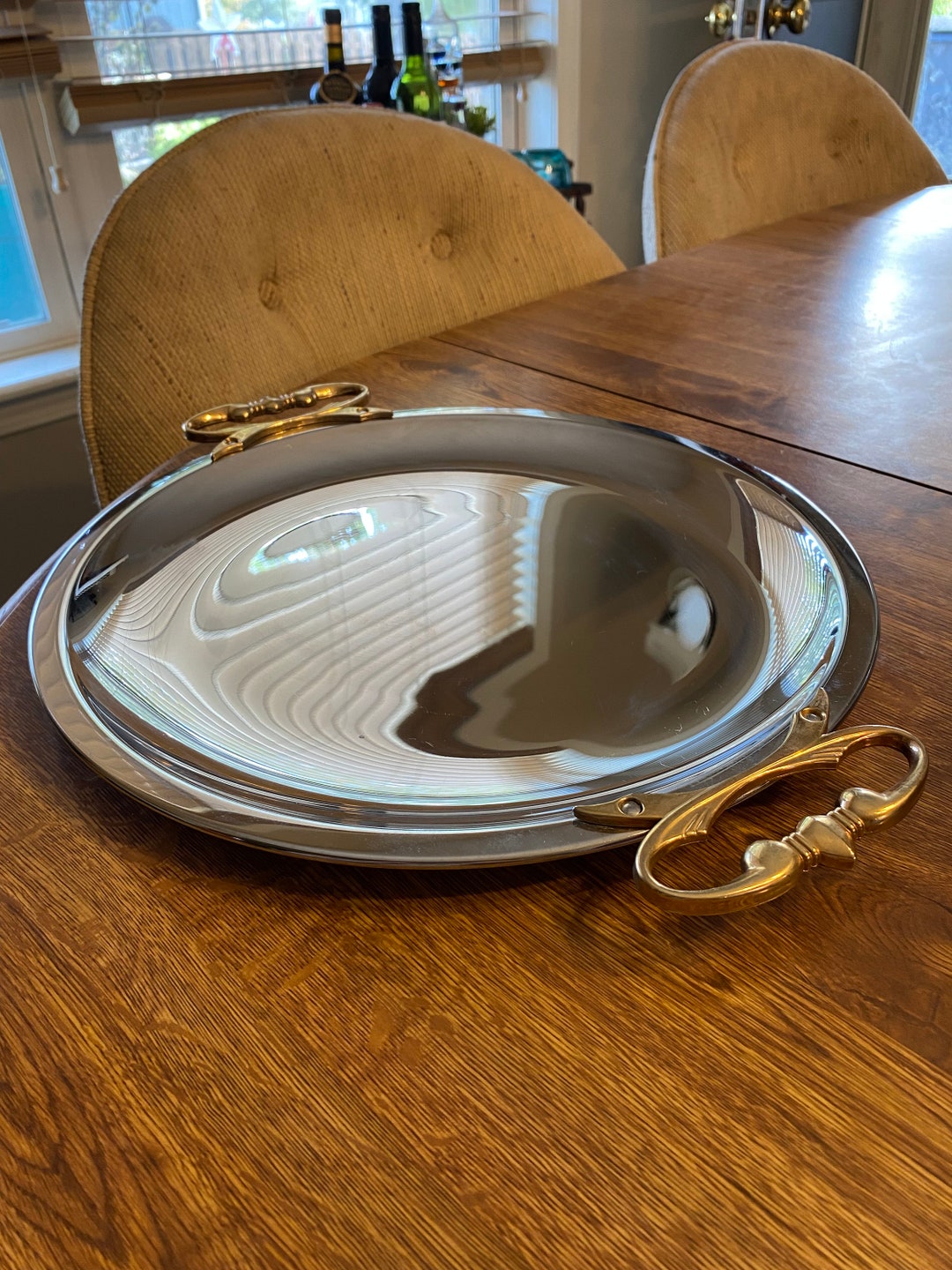 Vintage Kromex Chrome Metal Serving Tray Platter Round With Brass ...