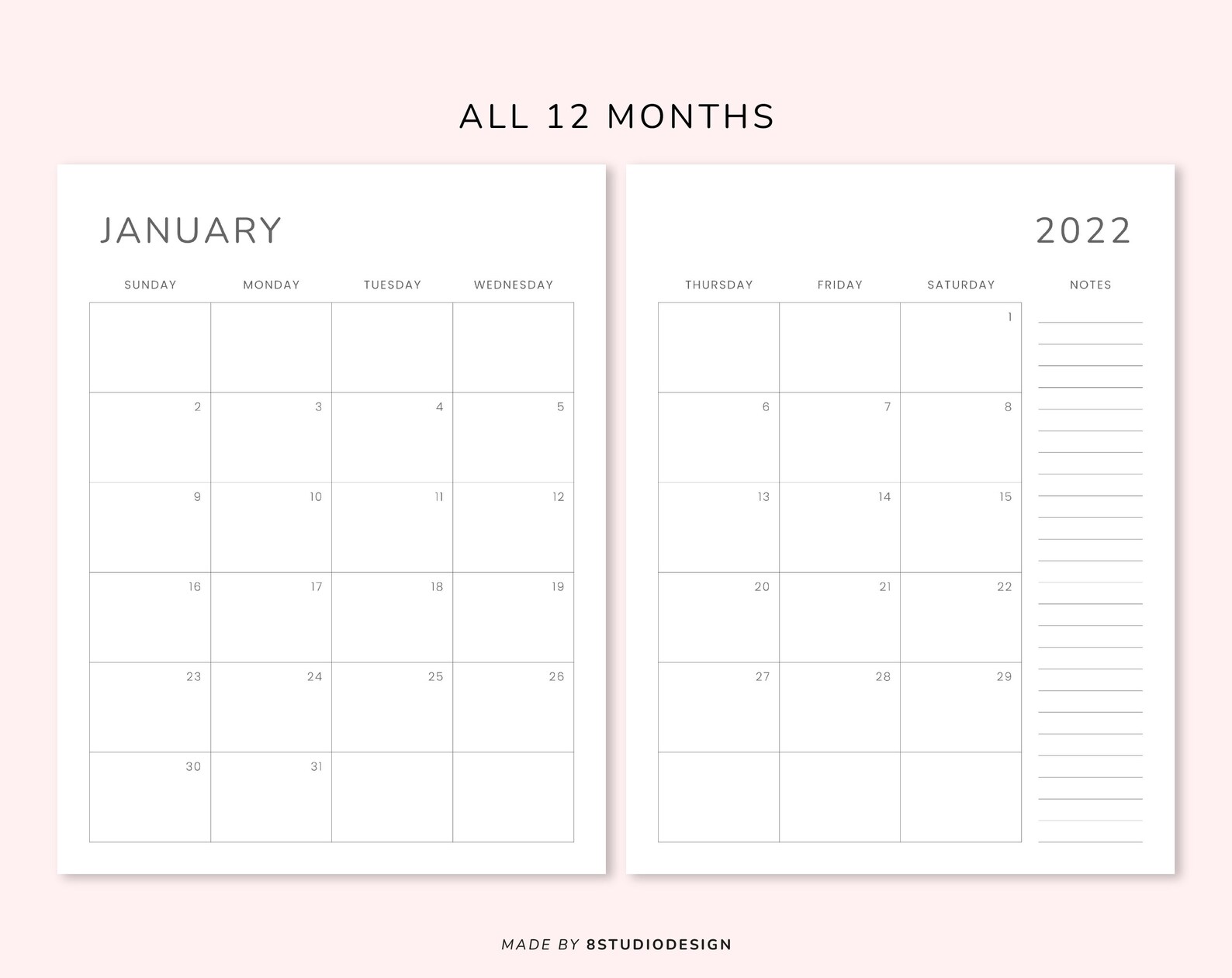 2022 Monthly Planner Printable, Dated Month on 2 Pages, Monthly ...