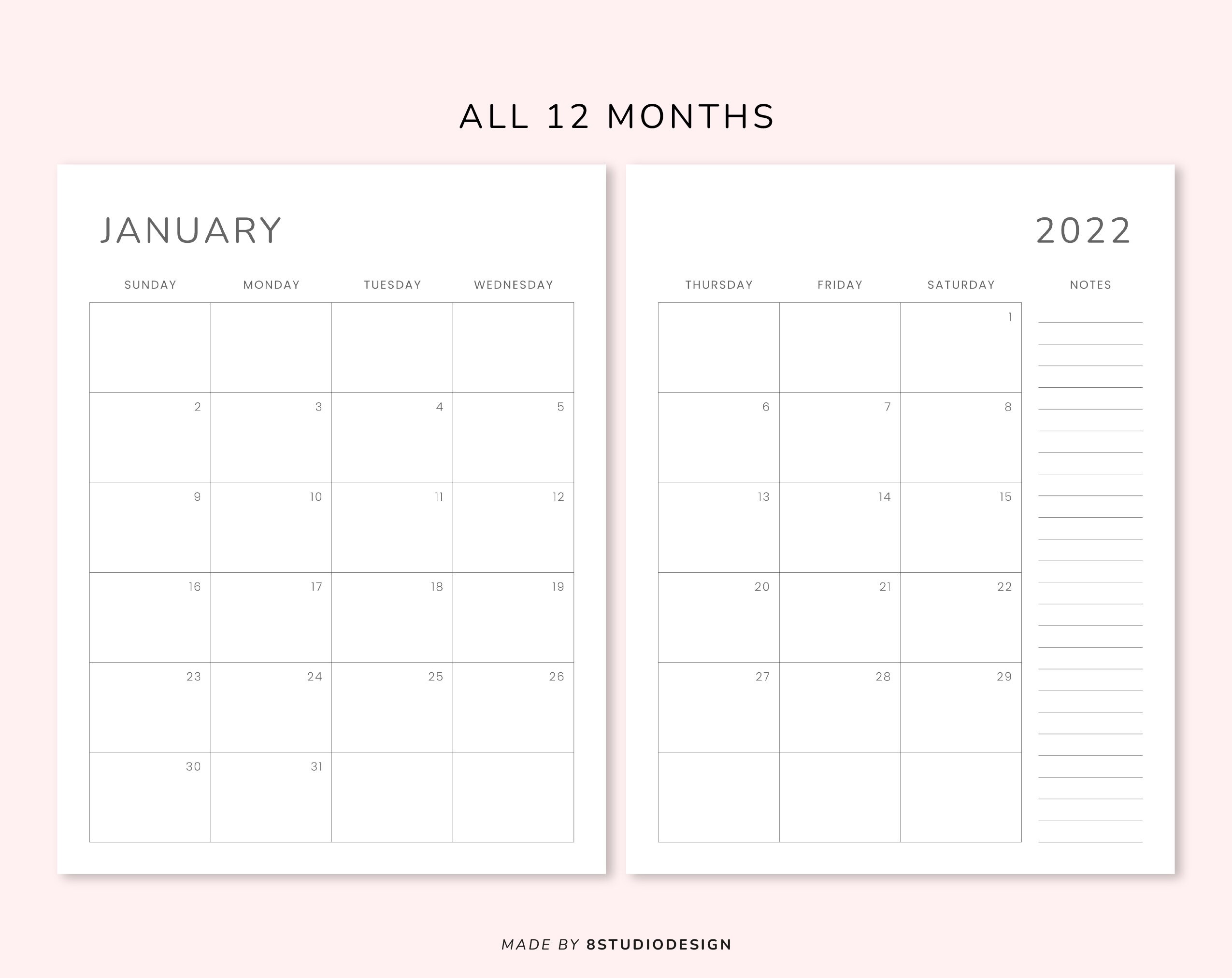 2022 Monthly Planner Printable, Dated Month on 2 Pages, Monthly ...