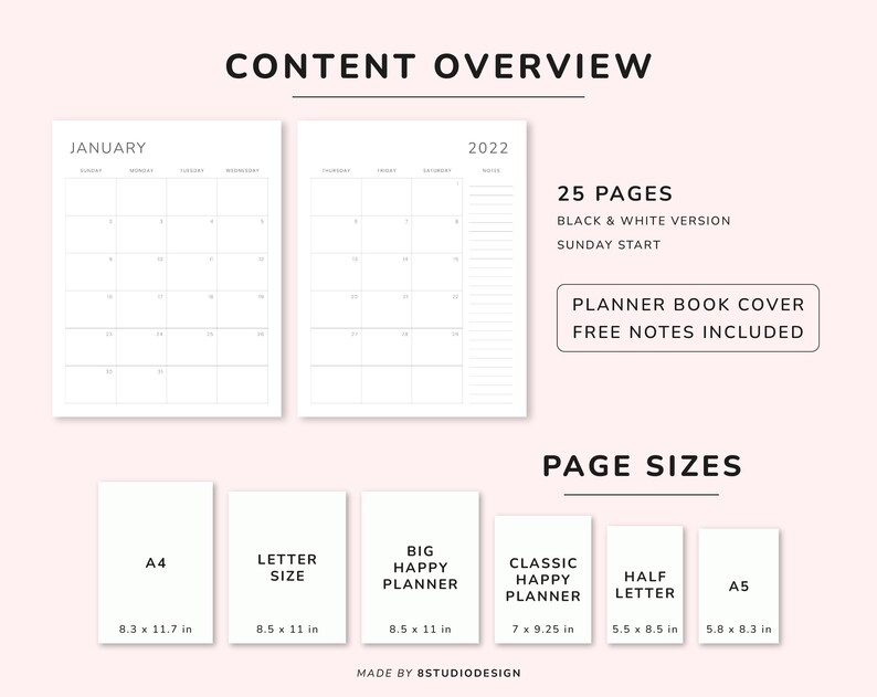 2022 Monthly Planner Printable, Dated Month on 2 Pages, Monthly ...