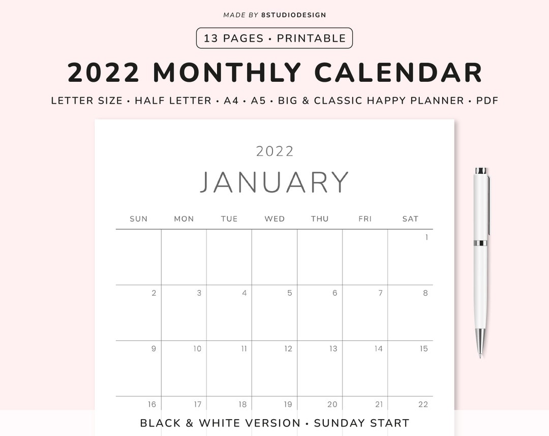 2022 Monthly Calendar Printable, Year Calendar Template, Minimalist ...