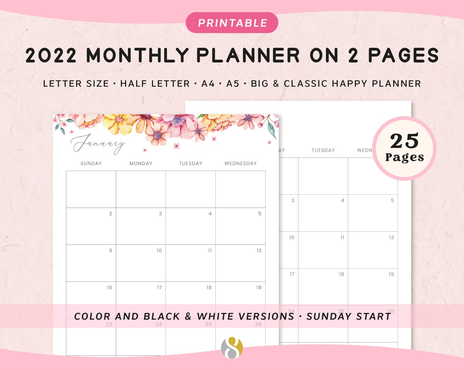 2022 Monthly Planner Printable Dated Month on 2 Pages | Etsy