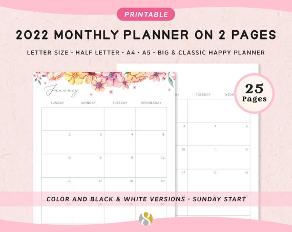 2022 Monthly Planner Printable Dated Month on 2 Pages | Etsy