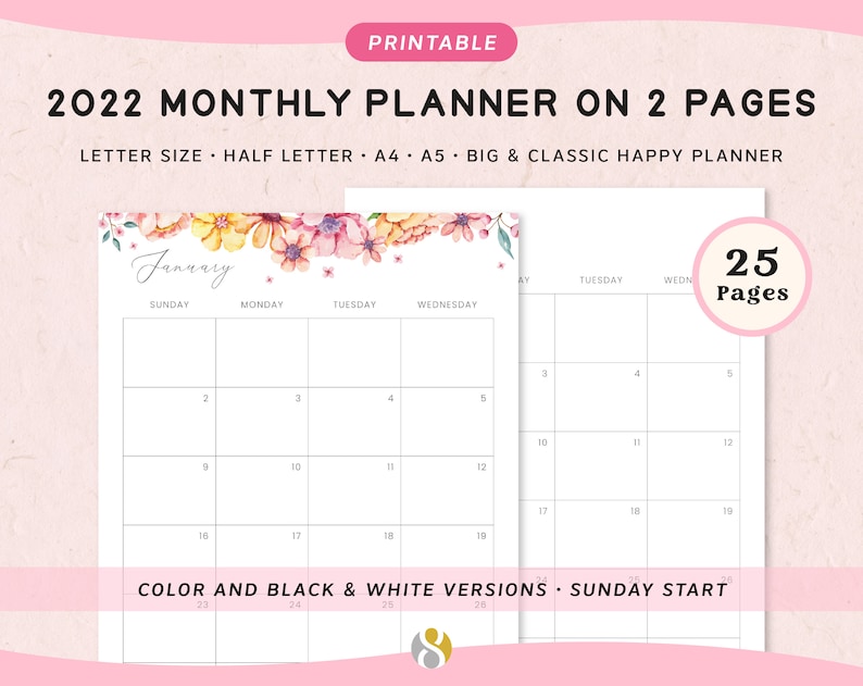 2022 Monthly Planner Printable Dated Month on 2 Pages | Etsy