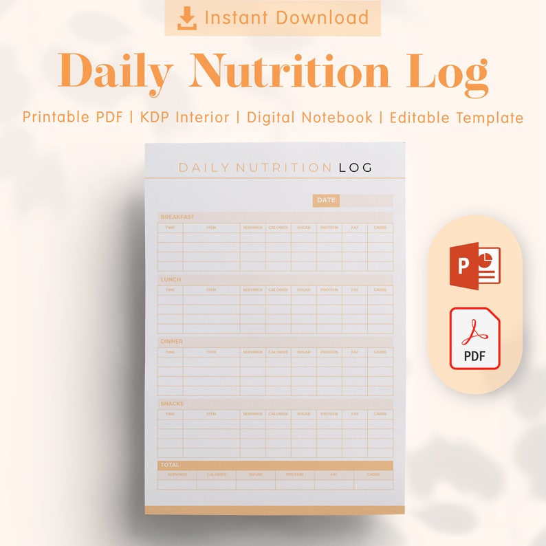 Daily Nutrition Log Planner Template KDP Interiors Editable, Printable ...