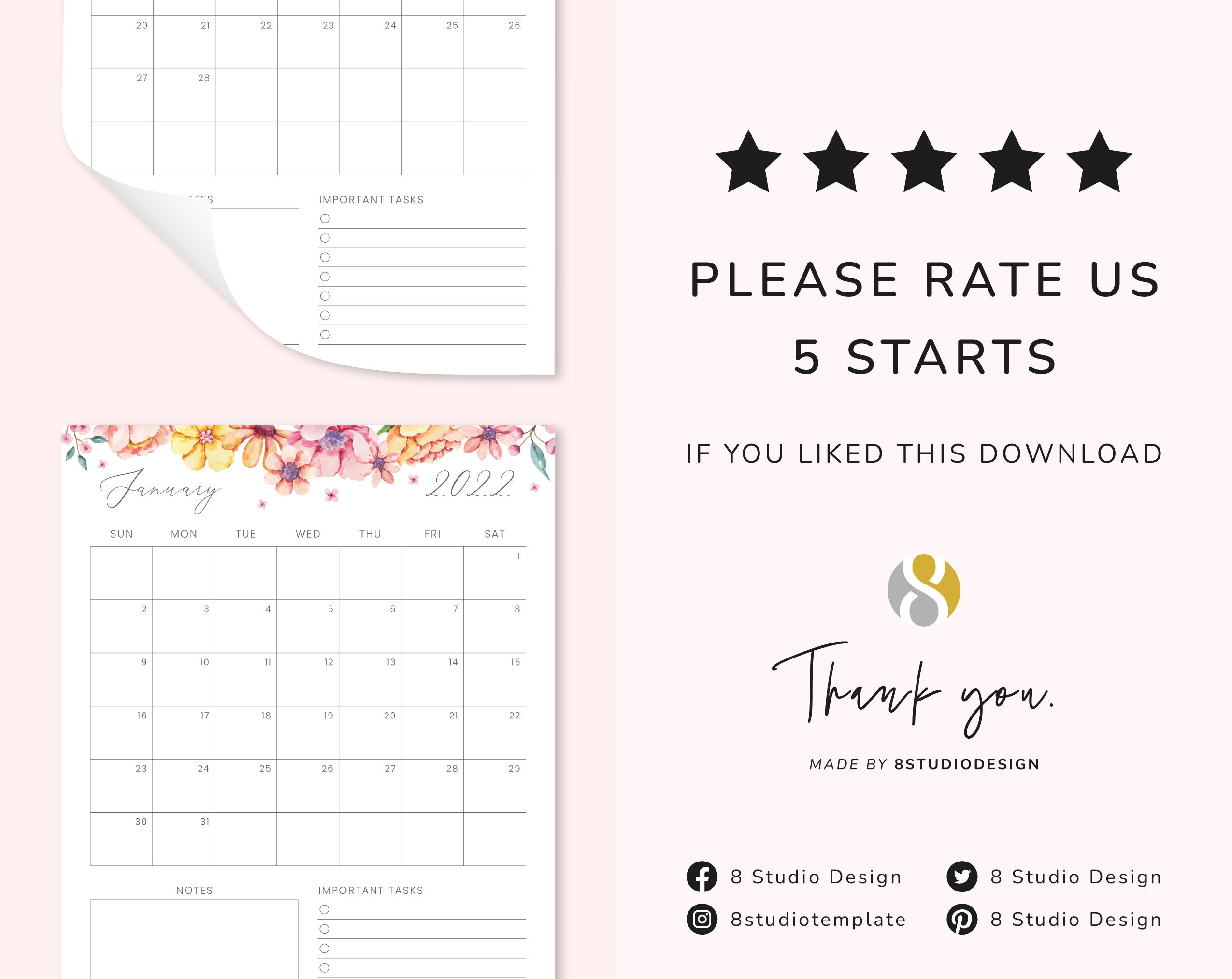 2022 Monthly Planner Printable, Dated Month on 1 Page, Monthly ...