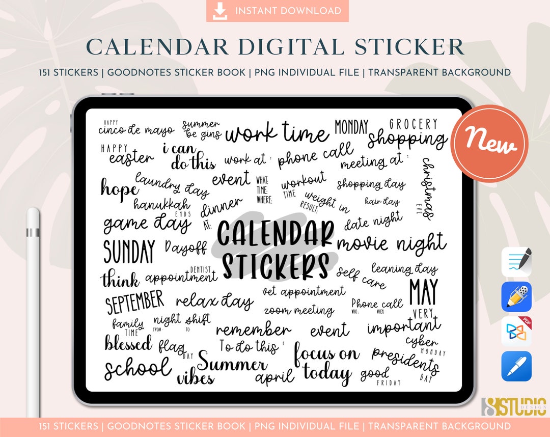 Calendar Stickers Digital - DIGITAL Planner Stickers, Clipart ...