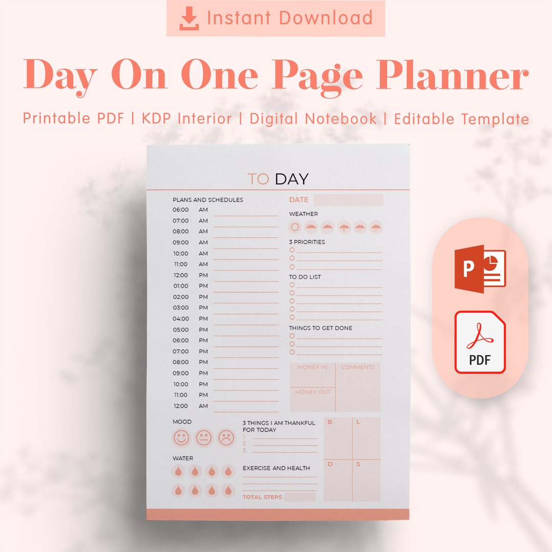 Day on One Page Planner Template KDP Interiors Editable, Printable PDF ...