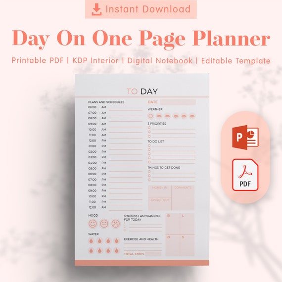 Day on One Page Planner Template KDP Interiors Editable - Etsy