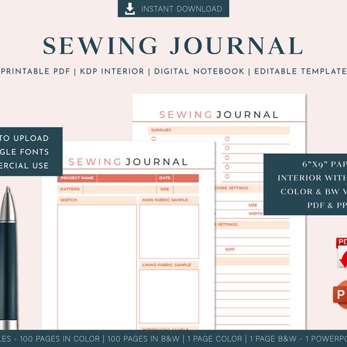 Sewing Journal Planner Template KDP Interiors Editable - Etsy