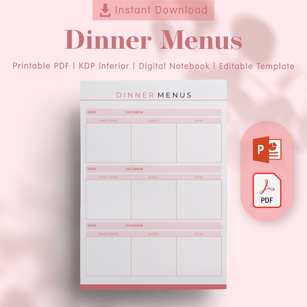 Dinner Menus Printable Template KDP Interiors Editable, Printable PDF ...