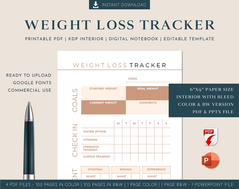 Weight Loss Tracker Planner Template - KDP Interiors Editable ...