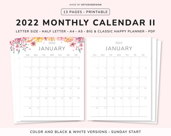 2022 Monthly Calendar Printable Year Calendar Template Wall - Etsy