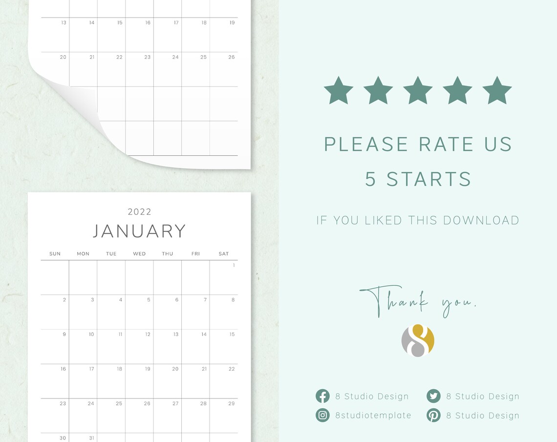 2022 Monthly Calendar Printable Year Calendar Template | Etsy