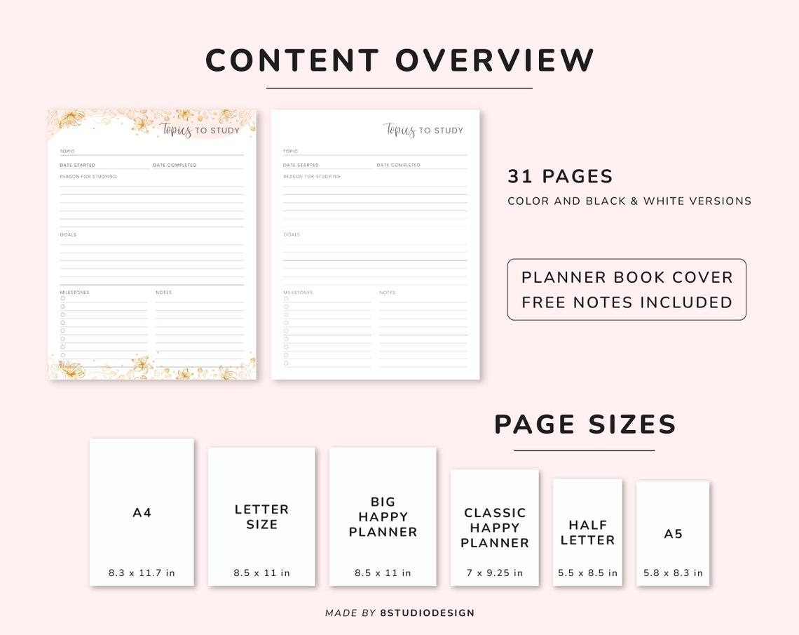 Topics to Study Planner Printable, Student Planner, College Planner ...